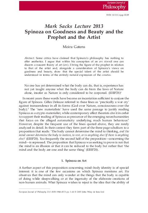 (PDF) Mark Sacks Lecture 2013 : Spinoza on Goodness and Beauty and the ...