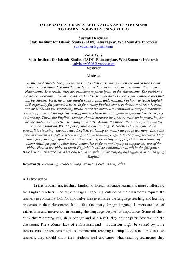 (PDF) INCREASING STUDENTS' MOTIVATION AND ENTHUSIASM TO LEARN ENGLISH ...