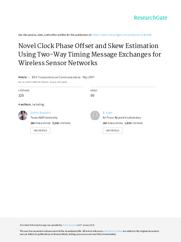 Pdf Novel Clock Phase Offset And Skew Estimation Using Two Way Timing