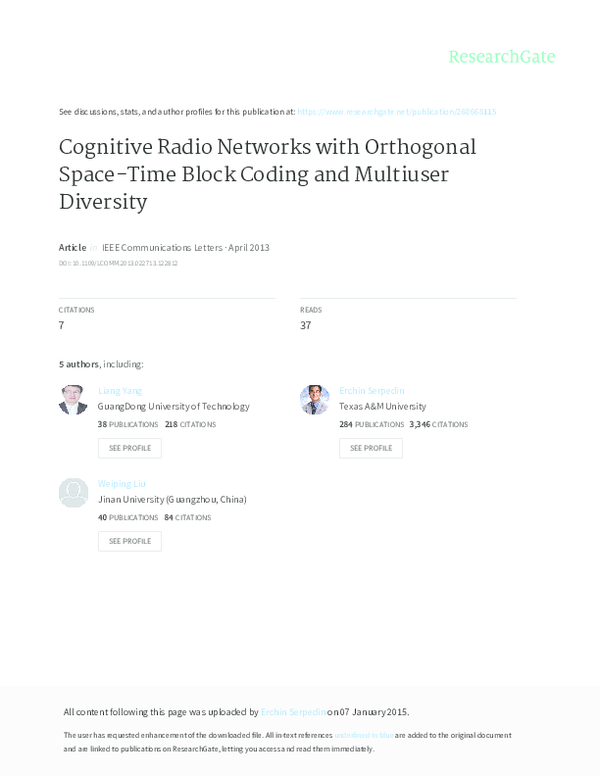 Pdf Cognitive Radio Networks With Orthogonal Space Time Block Coding And Multiuser Diversity