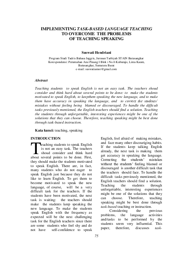 (PDF) IMPLEMENTING TASK-BASED LANGUAGE TEACHING TO OVERCOME THE PROBLEMS OF TEACHING SPEAKING