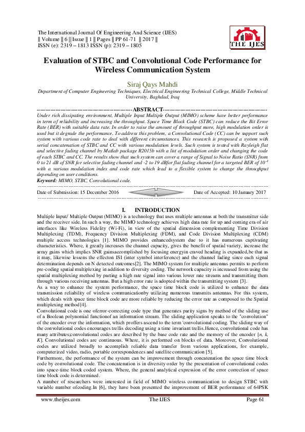 (PDF) Evaluation of STBC and Convolutional Code Performance for ...