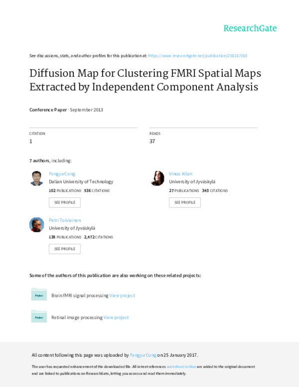 (PDF) Diffusion map for clustering fMRI spatial maps extracted by independent component analysis