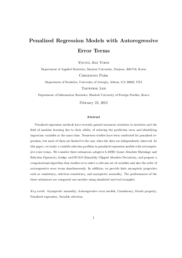 (PDF) Penalized Regression Models with Autoregressive Error Terms