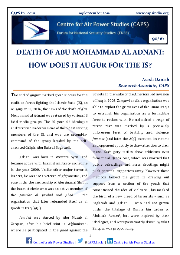 (PDF) DEATH OF ABU MOHAMMAD AL ADNANI: HOW DOES IT AUGUR FOR THE IS