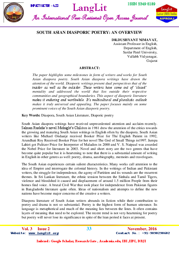 (PDF) SOUTH ASIAN DIASPORIC POETRY: AN OVERVIEW