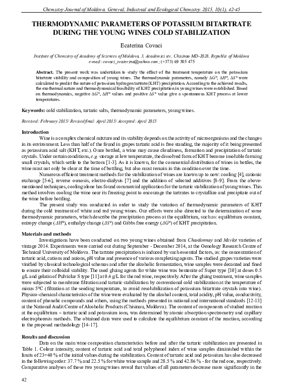 (PDF) THERMODYNAMIC PARAMETERS OF POTASSIUM BITARTRATE DURING THE YOUNG WINES COLD STABILIZATION