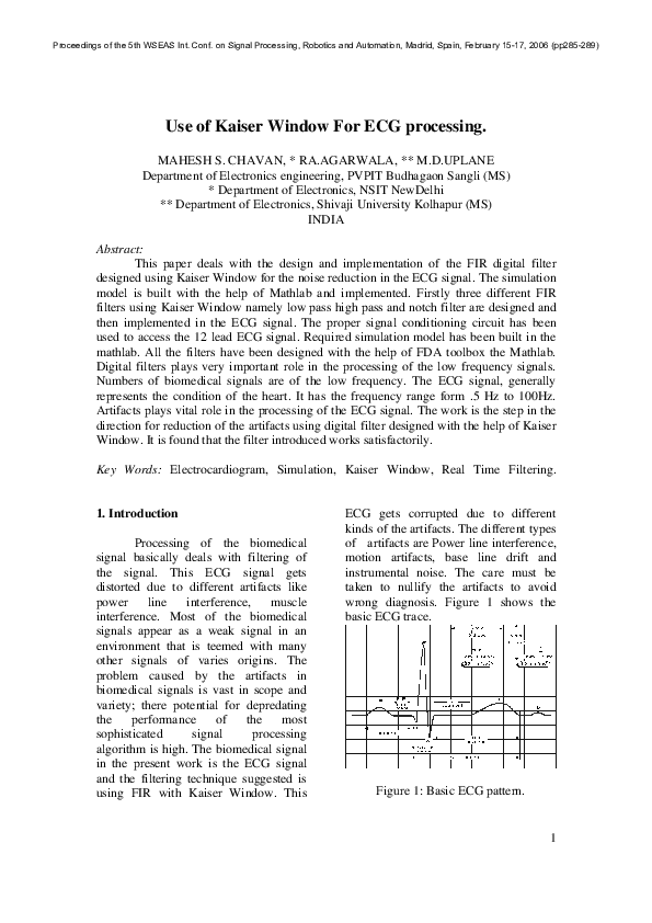 Pdf Use Of Kaiser Window For Ecg Processing Mahadev Uplane