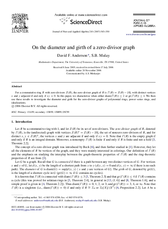 (PDF) On the diameter and girth of a zero-divisor graph