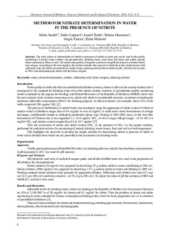 Pdf Method For Nitrate Determination In Water In The Presence Of Nitrite