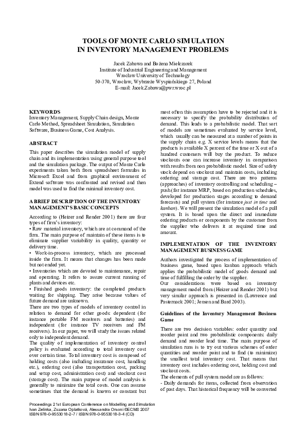 (PDF) MONTE CARLO SIMULATION IN INVENTORY MANAGEMENT