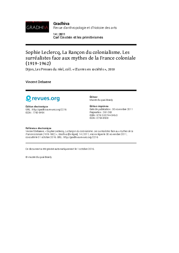 (PDF) Debaene Recension S. Leclercq Surrealisme et colonialisme (2011)