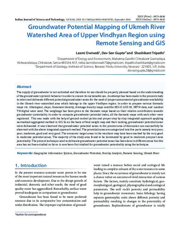 (PDF) Groundwater Potential Mapping of Ukmeh River Watershed Area of Upper Vindhyan Region using ...
