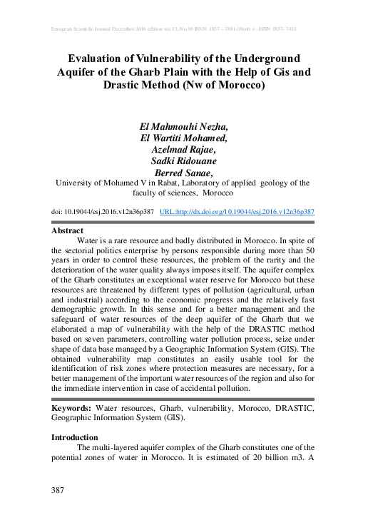 (PDF) Evaluation of Vulnerability of the Underground Aquifer of the ...