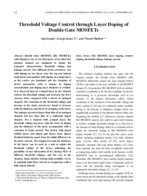 (PDF) Threshold Voltage Control through Layer Doping of Double Gate MOSFETs