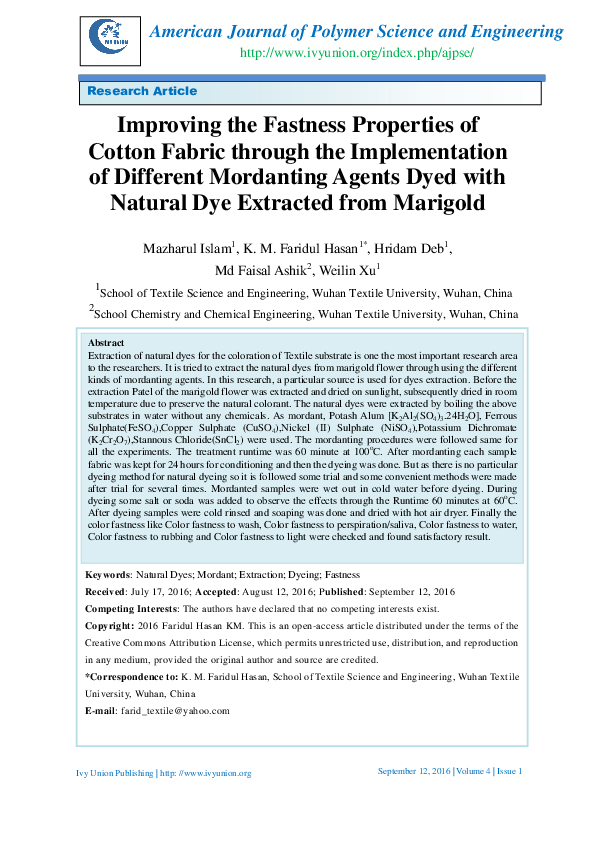 (PDF) Improving the Fastness Properties of Cotton Fabric through the Implementation of Different ...