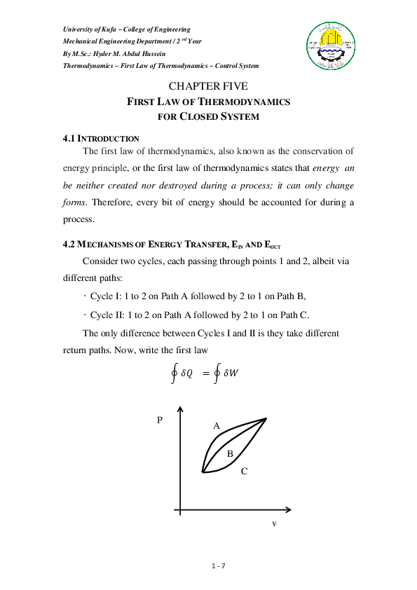 (PDF) TH-005-CHAPTER FIVE FIRST LAW OF THERMODYNAMICS FOR CLOSED SYSTEM