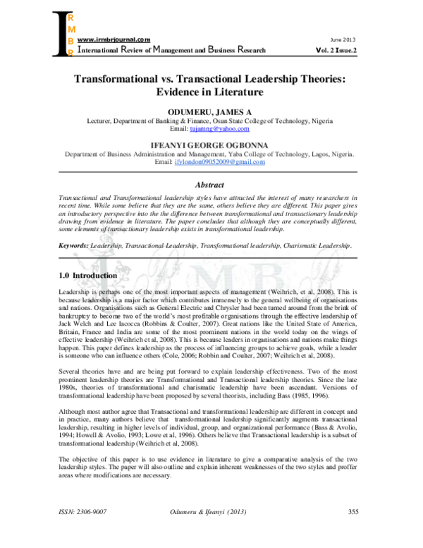 Transformational vs. Transactional Leadership Theories: Evidence in Literature