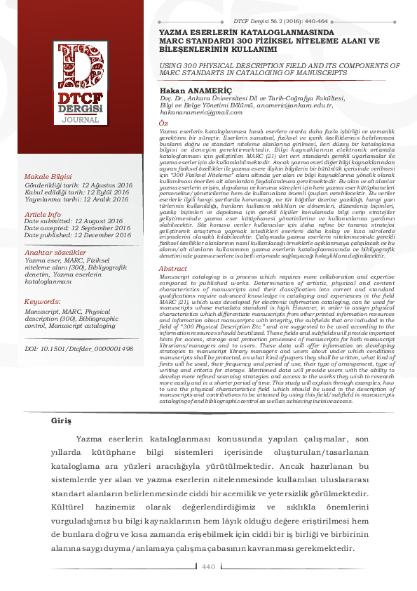 (PDF) Yazma Eserlerin Kataloglanmasında MARC Standardı 300 Fiziksel ...