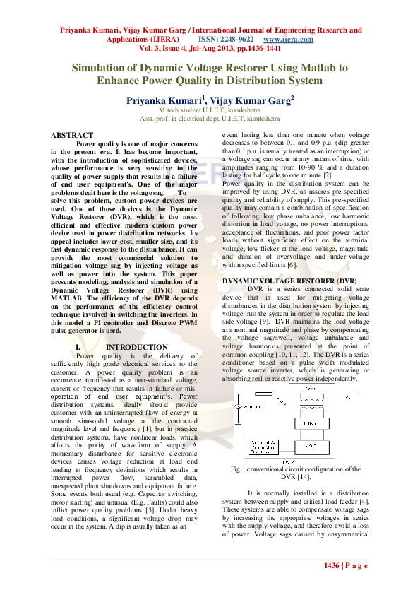 Pdf Simulation Of Dynamic Voltage Restorer Using Matlab To Enhance