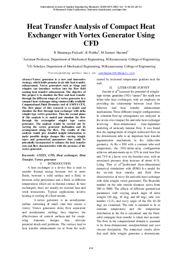 (PDF) Heat Transfer Analysis of Compact Heat Exchanger with Vortex Generator Using CFD