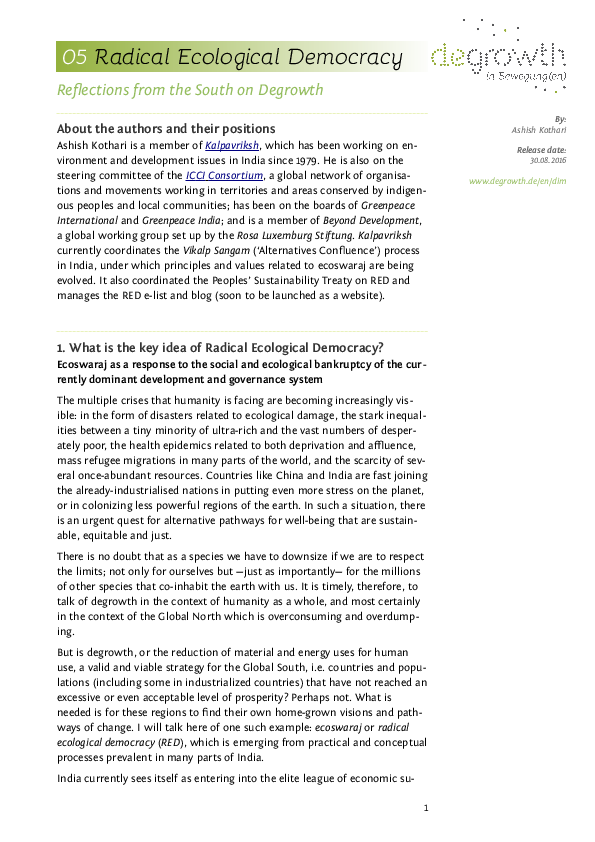 (PDF) Radical Ecological Democracy: Reflections from the South on Degrowth