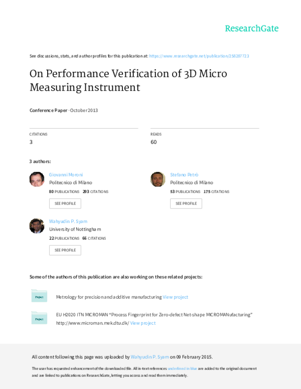 (PDF) On Performance Verification of 3D Micro Measuring Devices