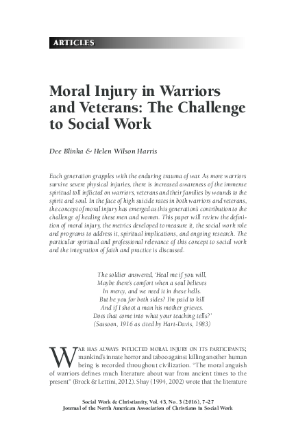 (PDF) Moral Injury in Warriors and Veterans: The Challenge to Social Work