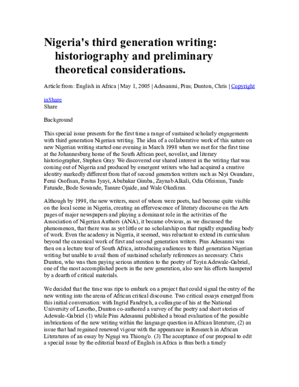 (DOC) Nigeria's third generation writing: historiography and ...