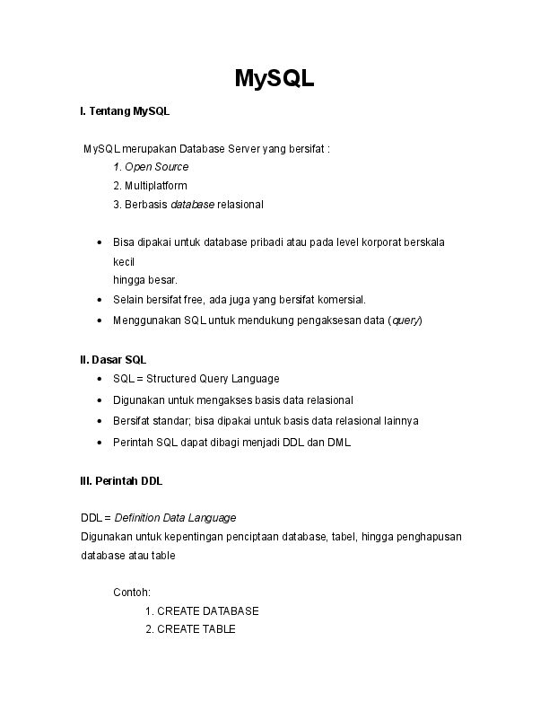 (DOC) MySQL I. Tentang MySQL