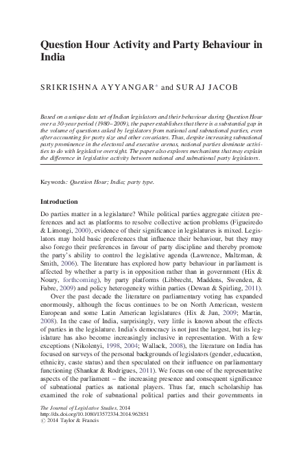 (PDF) Question Hour Activity and Party Behaviour in India
