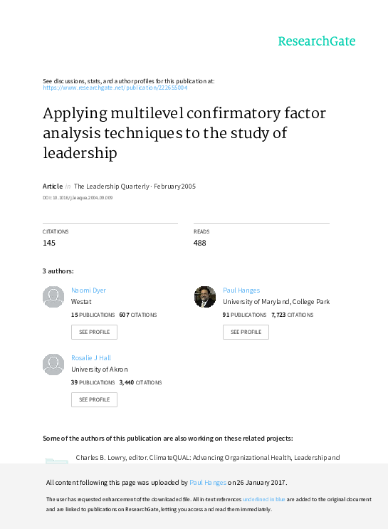(PDF) Applying multilevel confirmatory factor analysis techniques to the study of leadership