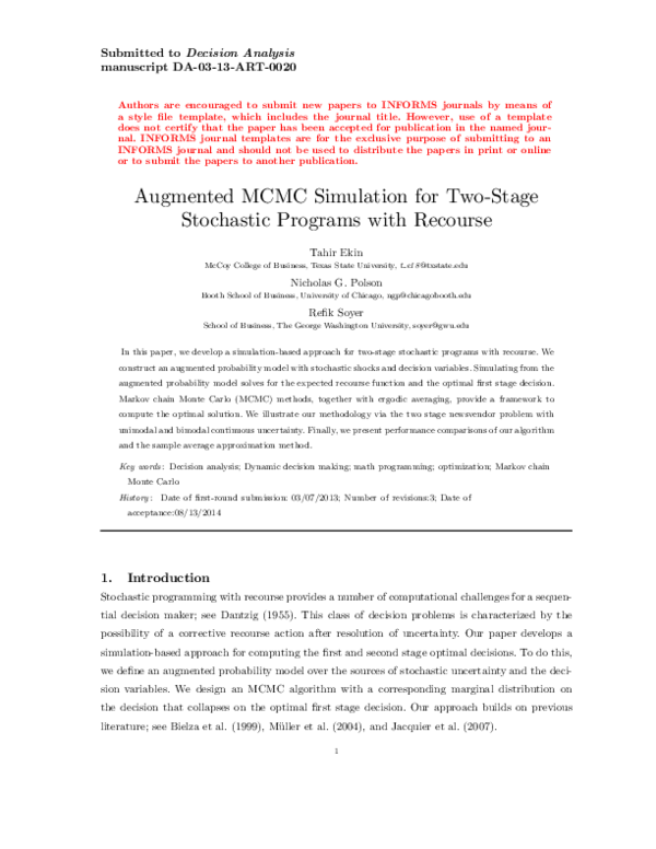Pdf Augmented Mcmc Simulation For Two Stage Stochastic Programs With Recourse