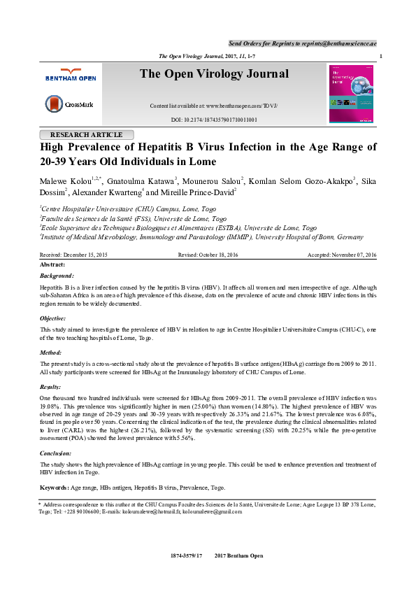 (PDF) High Prevalence of Hepatitis B Virus Infection in the Age Range ...