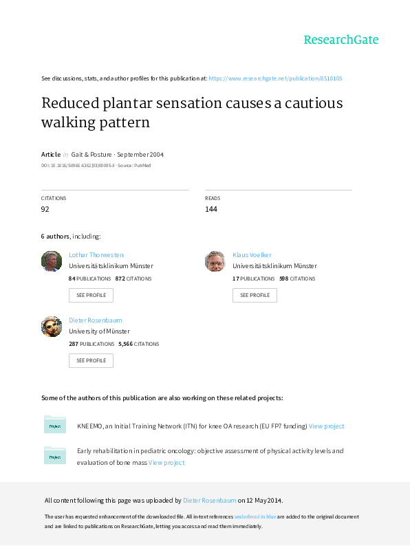 (PDF) Reduced plantar sensation causes a cautious walking pattern