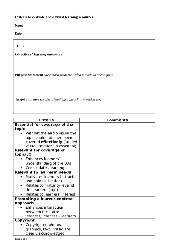 (DOC) Criteria to evaluate audio visual learning resources