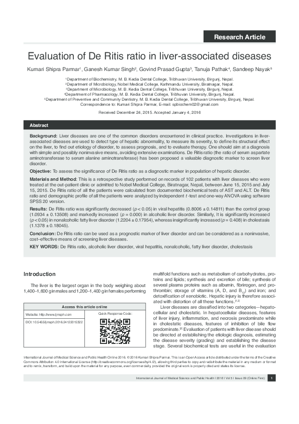 (PDF) Evaluation of De Ritis ratio in liver-associated diseases