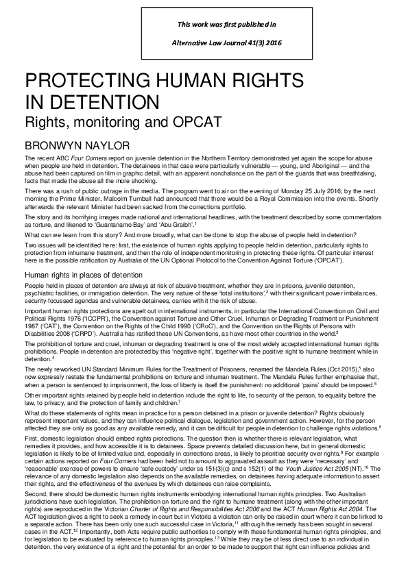 (PDF) PROTECTING HUMAN RIGHTS IN DETENTION Rights, monitoring and OPCAT