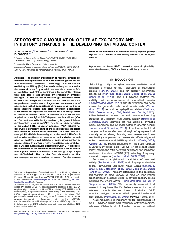 (PDF) SEROTONERGIC MODULATION OF LTP AT EXCITATORY AND INHIBITORY SYNAPSES IN THE DEVELOPING RAT ...