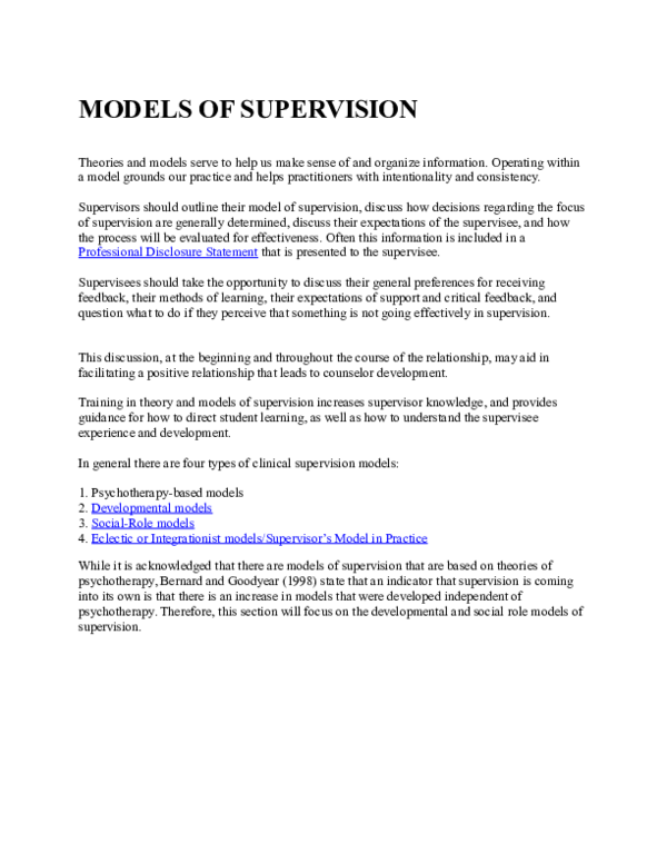 (DOC) MODELS OF SUPERVISION