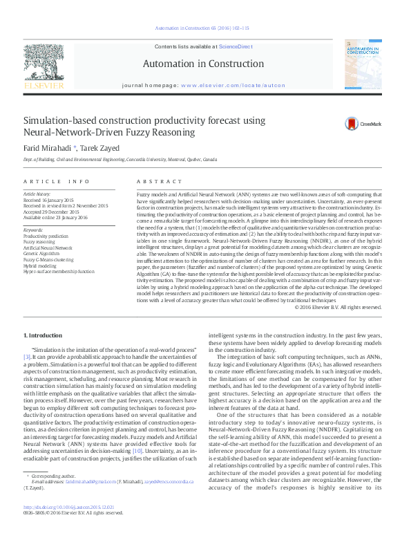 Pdf Simulation Based Construction Productivity Forecast Using Neural Network Driven Fuzzy