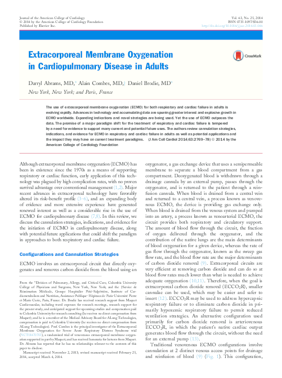 Pdf Extracorporeal Membrane Oxygenation In Cardiopulmonary Disease In Adults