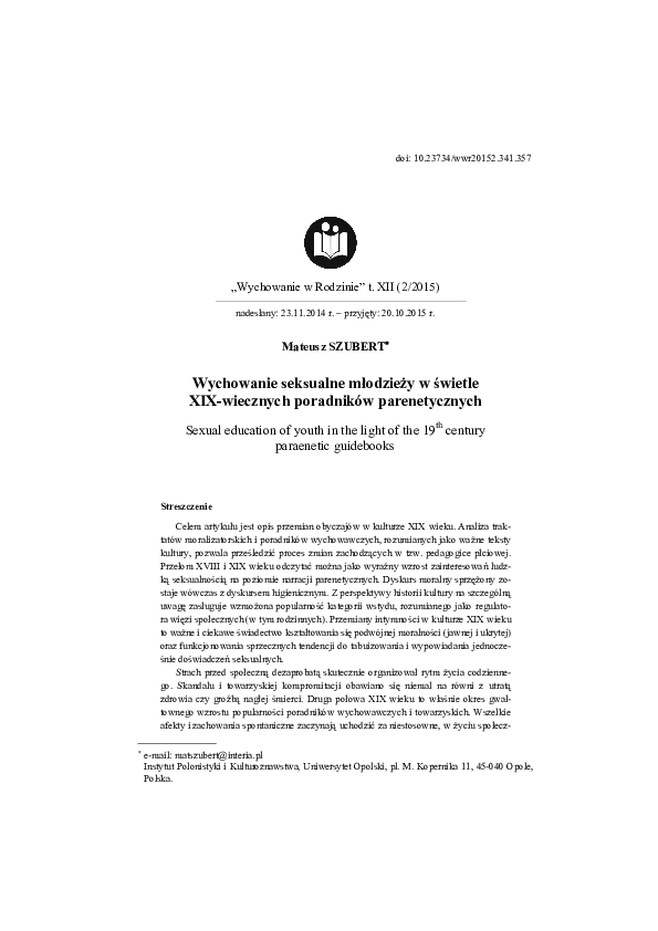 (PDF) Mateusz SZUBERT * Wychowanie seksualne młodzieży w świetle XIX-wiecznych poradników ...
