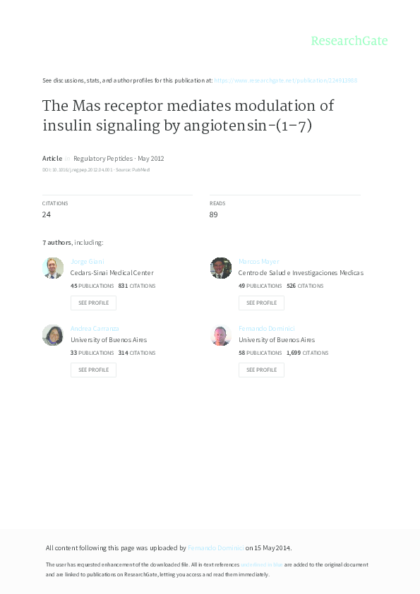 (PDF) The Mas receptor mediates modulation of insulin signaling by ...