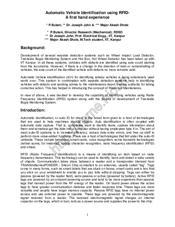 (PDF) Automatic Vehicle Identification using RFID- A first hand experience
