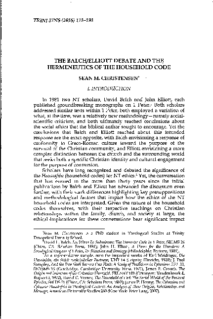 (PDF) "The Balch/Elliott Debate and the Hermeneutics of the Household ...