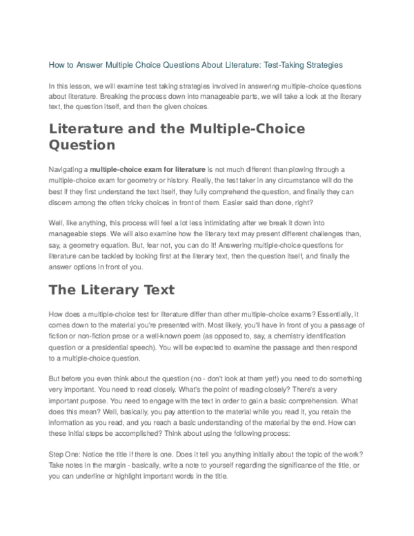 (DOC) How to Answer Multiple Choice Questions About Literature: Test ...