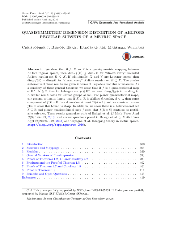 (PDF) QUASISYMMETRIC DIMENSION DISTORTION OF AHLFORS REGULAR SUBSETS OF A METRIC SPACE