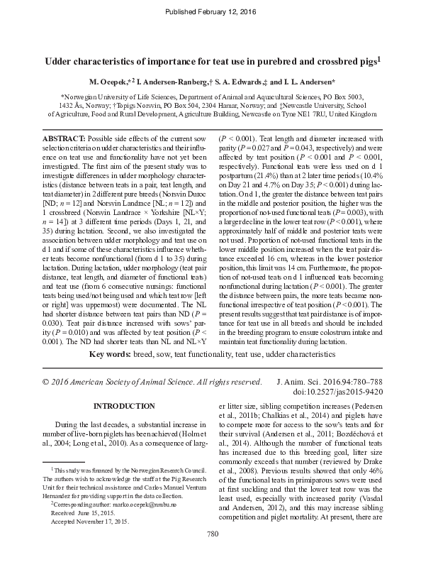 (PDF) Udder characteristics of importance for teat use in purebred and crossbred pigs