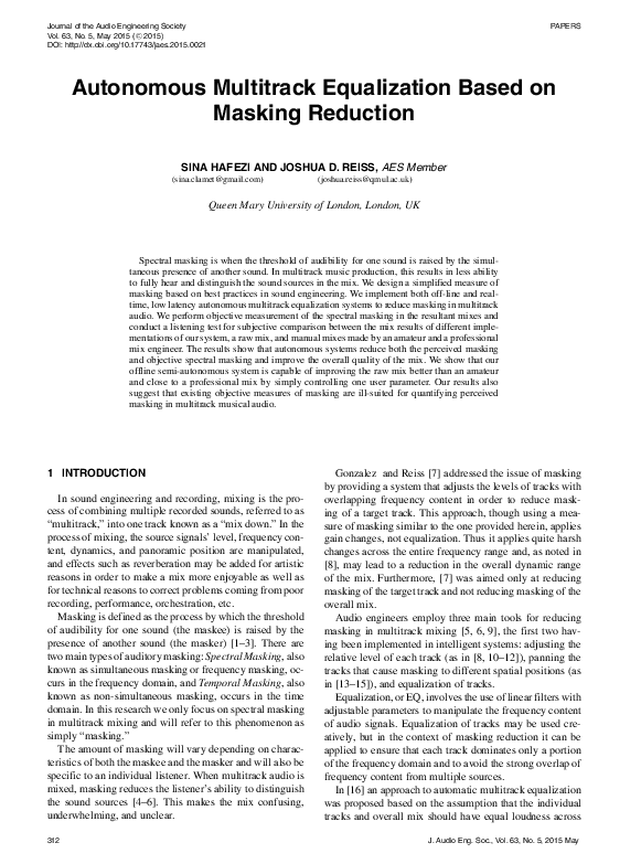 (PDF) Autonomous Multitrack Equalization Based on Masking Reduction